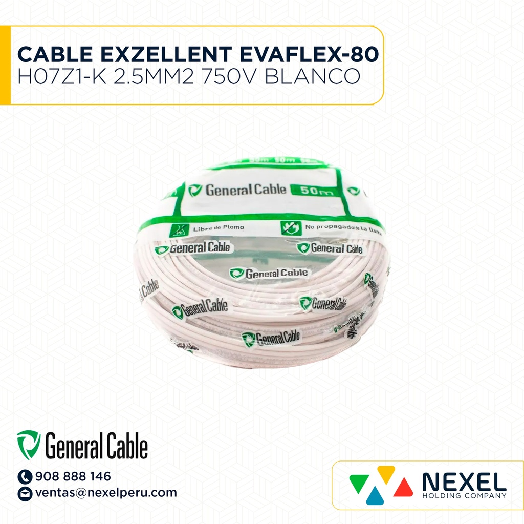 OUT- CABLE EXZELLENT EVAFLEX-80 H07Z1-K 2.5MM2 750V BLANCO GENERAL ...